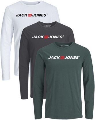Jack & Jones Langarmshirt Regular-Fit mit stilvollem Printdruck (Spar-Set, 3er-Pack) in Unifarbe aus Baumwolle, mit lizenziertem Originaldesign Print