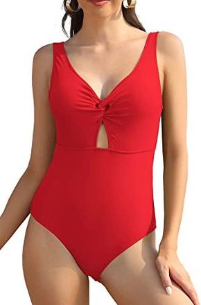 SHEKINI Femme Maillot de Bain 1 Pièce Col Bas Torsadé Cut Out Beachwear Dos Nu Large Bretelles Ventre Contrôle Amincissante Swimsuit Body Guide(S, Rouge)