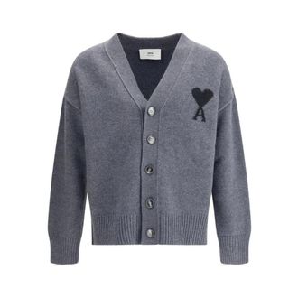 Ami Homme, Pulls, Gris, Taille: XL Cardigan en Laine avec Logo Coeur