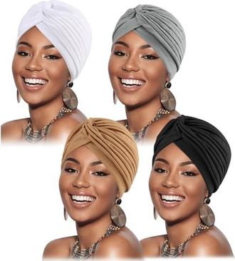 Dreshow 4 Pièces Turban Africain pour Femme Bonnet Pré-noué Bonnet Chimio Casquette de Perte de Cheveux Chapeau