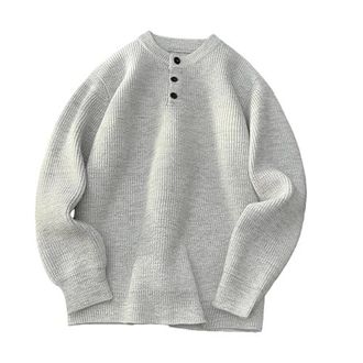 Generic Pull r&eacute;tro &agrave; col henley pour homme, manches longues, col rond, coupe ajust&eacute;e, style jeune, style d&eacute;contract&eacute;, gris clair, XXL