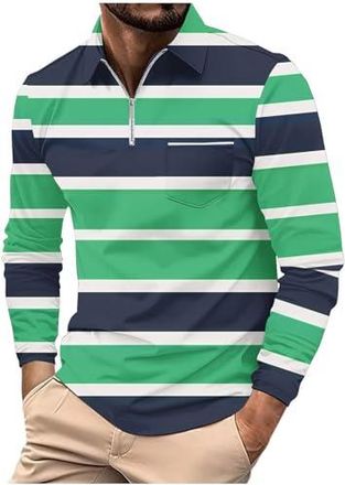 Generic Polo rayé à manches longues avec fermeture éclair, col zippé, polo à manches longues pour homme, polo à rayures confortable, polo tendance avec rayure