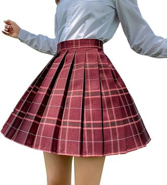 Minetom Damen Kariert Rock Frauen M&auml;dchen Kurze Hohe Taille Gefaltete Skater Tennis Schule Rock Faltenr&ouml;cke Minirock Kurz Skirt Weinrot XXL