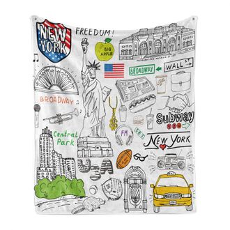 Abakuhaus amerikanisch Weiche Kuscheldecke Sofadecke, New York City Skizze-Kunst, Gem&uuml;tlicher Pl&uuml;sch f&uuml;r den Innen- und Au&szlig;enbereich, 125 x 175 cm, Wei&szlig;