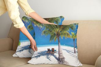 Abakuhaus Strand Kissenbezug 2er-Pack, Tropische Insel mit Palmen Sunbeds Paradise Relaxation Sommer Bild, Kissenh&uuml;lle mit Rei&szlig;verschluss Beidseitiger Druck, 45