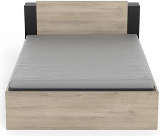 Demeyere Lit 140 x 190/200 Avec Rangement Industriel 2 Tiroirs 2 Niches - Coloris Noir Mat und Chêne Clair - 144,7 x 227 x 87,7 cm