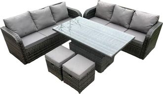 Fimous 8-Sitzer-Rattan-Gartenm&ouml;bel-Sets H&ouml;henverstellbarer aufsteigender Esstisch-Sofa-Satz mit 2-kleinen Fu&szlig;hockern Dunkelgrau gemischt - Fimous