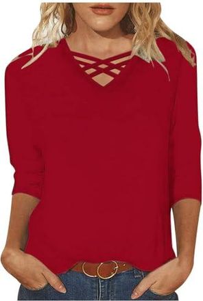 Generic Chemisier &agrave; manches 3/4 &agrave; col en V crois&eacute; pour femme, haut d&eacute;contract&eacute; &eacute;l&eacute;gant de couleur unie pour un usage quotidien et des tenues de week-end, t-sh
