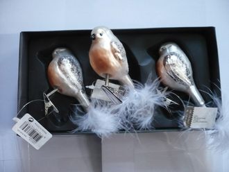 Kaemingk Weihnachtsbaumschmuck, 3 V&ouml;gel zum Klemmen, H&auml;ngender Schmuck aus Glas, Klassisch, Silber, 8 cm