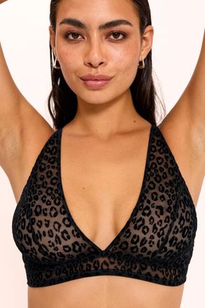 Understatement Damen vegan Bralette Aus Netzstoff Tief Ausgeschnitten Schwarz Mit Leopardenmuster