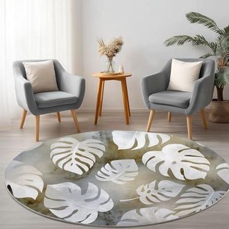 Generic Cr&egrave;me Tapis Abstrait Rond Antid&eacute;rapant, Moderne Plante Feuilles De Monstera Motif Doux Tapis Poils Courts pour Salon Couloir Chambre Cuisine Descente 