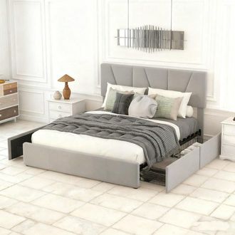 Generic Plattformbett 140x200 cm, Doppelbett Grau | 4 Schubladen, verstellbares Kopfteil | Polsterbett mit Stauraum (Grey + Upholstered)