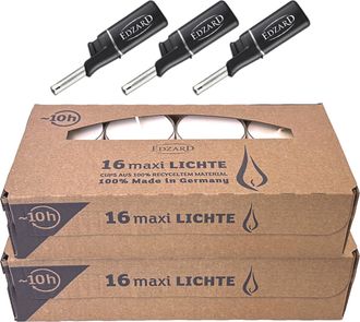 Edzard 32 Stück Maxi Teelichter, Durchmesser 54 mm, weiß, durchsichtige farblose Kunststoffhülle, ohne Duft, Brenndauer 10 Stunden - plus 3 Mini-Stabfeuerzeu