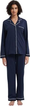 Global Ensemble de Vêtements de Nuit Longs en Coton pour Femme, Chemise à Manches Longues avec Poche, Bas de Pyjama, Ensemble Deux Pièces Bleu Marine XXL