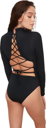 Trendyol Damen Langarm Zurück Detaillierter Surfen Thematischer Badeanzug One Piece Swimsuit, Schwarz, 36 EU