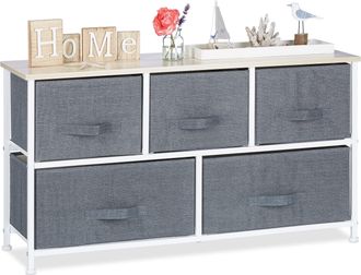 Relaxdays Regalsystem, 5 Stoff-Schubladen, HxBxT: 54,5 x 100 x 30 cm, universale Schubladenbox, Metall und Holz, grau, Design: E, Variante E