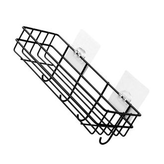 BESPORTBLE Badezimmer Aufbewahrungsregal aus Eisen Wandmontage ohne Bohren Duschregal mit Haken und Hohlem Design Rostfrei Multifunktional für Küche und Bad Schw