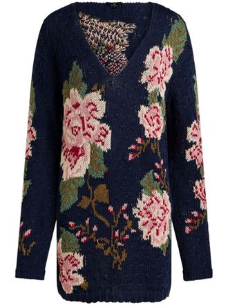 Etro pull &agrave; fleurs en jacquard - Bleu