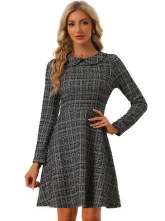 Allegra K Damen Vintage Tweed Kleid Kariert Gitter Bubikragen Langarm A-Linie Minikleid Schwarz XL