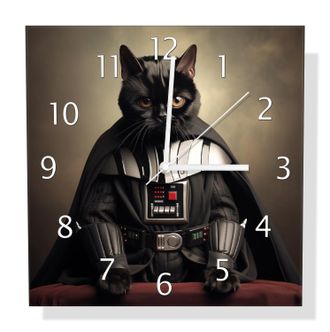 Wallario Design-Wanduhr Katze im Kostüm aus Glas, Motiv-Uhr Größe 30 x 30 cm, weiße Zeiger