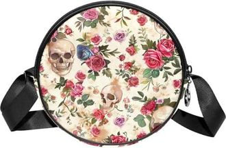 Generic Petit sac &agrave; bandouli&egrave;re circulaire pour femme, motif cr&acirc;nes, petit sac &agrave; dos &agrave; bandouli&egrave;re avec fermeture &eacute;clair, bretelles r&eacute;glables, sac &agrave; main rond