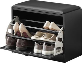 SoBuy Schuhbank schmal mit Sitzfläche & Stauraum - Sitzbank mit Klappe & Schuhregal platzsparend für Flur & Eingang - Schwarz, 60x47x30 cm, bis 120 kg - FSR