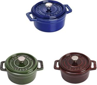 Staub Lot de 3 Mini Cocottes en Fonte, Ronde, &Oslash; 10 cm, 0,25 L, Bleu Intense, Vert/Basilic, Grenadine