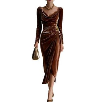 Generic Robe en velours pour femme avec col b&eacute;nitier - Manches longues - &Eacute;l&eacute;gante robe fronc&eacute;e moulante pour cocktail, f&ecirc;te dautomne, peau, XXL