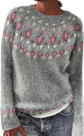 Generic Pull Tricot&eacute; Fair Island Femmes Grande Taille Vintage &Agrave; Manches Longues Pull Ras du Cou Pull Hiver Automne Hauts D&eacute;contract&eacute;s Pulls Molletonn&eacute;s(Grey D