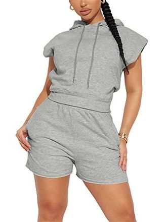 Generic Surv&ecirc;tement d&eacute;t&eacute; 2 pi&egrave;ces pour femme, coupe d&eacute;contract&eacute;e, chandail &agrave; capuche &agrave; manches courtes et pantalon taille haute, gris, taille XL, pour un usag