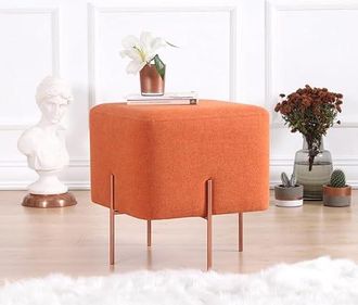 Atelier Del Sofa Bohemian Pouffe with Copper Coated Iron Legs, 40x42x40 cm | 50% Cotton & 50% Linen, 5 cm Orthopedic Sponge | Stylish Orange Accent for Hotel & Home