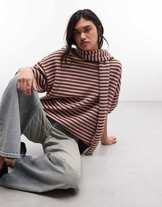 Daisy Street Oversize-Strickpullover mit Kragen in Braun und Pink-Multi