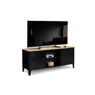 IDMarket Idmarket - TV-M&ouml;bel 113 cm ester 2 schwarze Metallt&uuml;ren und Holzplatte Industriedesign