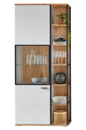 home24 Vitrine, Schwarz, Wei&szlig;, Eiche Artisan, Glas, Holzwerkstoff, 10 F&auml;cher, 90x206x37 cm, Typenauswahl, Beim&ouml;bel erh&auml;ltlich, Wohnzimmer, Wohnw&auml;nde, Vitrine