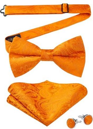 Hisdern Noeud Papillon Orange Homme Paisley Noeuds Papillon avec Mouchoir de Manchette Ensemble Deja Noue Papillon Fleur pour Mariage Fete