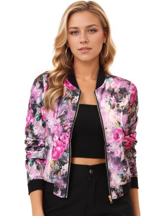 Allegra K Damen Fr&uuml;hling Sommer Bomberjacke Blumenmuster Rei&szlig;verschluss Jacket Fuchsie M