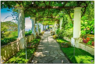 Wallario Outdoor-Poster f&uuml;r Garten oder Balkon Bl&uuml;hende Pergola, Motivbanner Gr&ouml;&szlig;e: ca. 80 x 120 cm, Outdoor-Bild