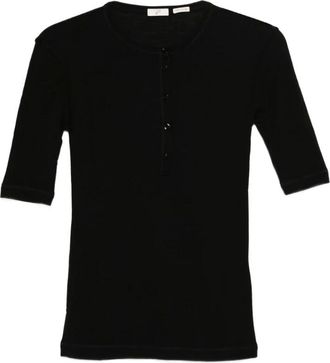 Bite Studios Femme, Tops, Noir, Taille: 38 FR Henley Neck Short Sleeve Fine Knit Straight Hem