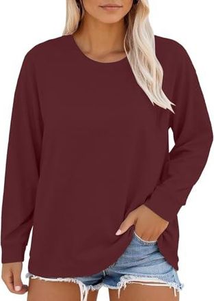 Generic A05 T-shirt &agrave; manches longues l&eacute;ger et d&eacute;contract&eacute; &agrave; col rond pour femme, bordeaux, XXL