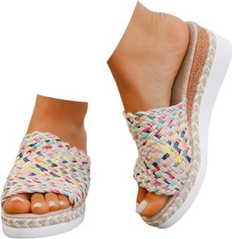 Generic Sandales compens&eacute;es orthop&eacute;diques pour femme, multicolore, &agrave; talons hauts tiss&eacute;s, &agrave; bout ouvert, style boh&egrave;me, d&eacute;contract&eacute;, confortable, &agrave; enfiler, Mu
