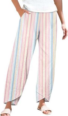 Generic Pantalon L&eacute;ger Femme Fluide Blanc en Lin &Eacute;t&eacute; Pantalon en Lin Ray&eacute; pour Femme D&Eacute;t&eacute; D&eacute;contract&eacute; &Agrave; Jambes Larges avec Poches Court et V&ecirc;tements Ample Lin