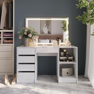 Vicco Schminktisch Sherry, Weiß/Weiß Hochglanz, 128.2 cm mit LED-Spiegel