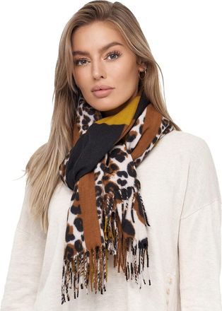Glamexx24 Damen XXL Schal Kuscheliger warmer Leoparden Muster 3 farbiger Fransen Poncho Schal Oversized Deckenschal