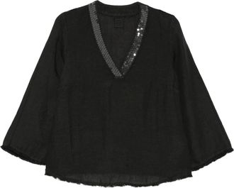 120% Lino Femme, Blouses et Chemises, Noir, Taille: 34 FR Blouse &agrave; encolure en V orn&eacute;e de sequins