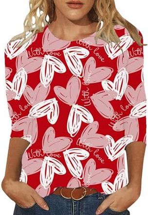 Generic T-shirt &agrave; manches trois-quarts et col rond pour femme Motif coeur 2026 Saint-Valentin, rouge past&egrave;que, XXL