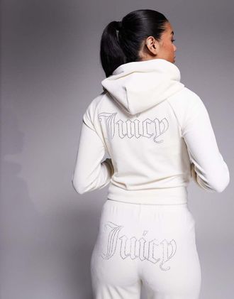 Juicy Couture Madison - Sweat à capuche densemble zippé en velours - Crème-Blanc
