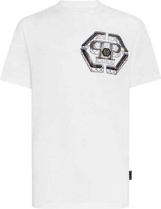 Philipp Plein Homme, Tops, Blanc, Taille: L T-Shirt Col Rond Hexagone