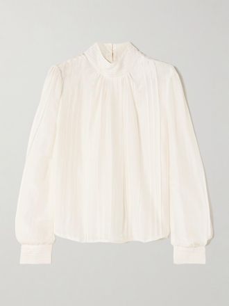 Thierry Colson Blouse &Agrave; Col Montant En Voile De Coton Et De Soie M&eacute;lang&eacute;s &Agrave; Plis Nervures Teresa - Blanc cass&eacute;