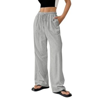 Generic Pantalon en coton et lin pour femme, pantalon d&eacute;contract&eacute; de couleur unie, taille &eacute;lastique avec poches, cordon de serrage, jambe large, confortable, 