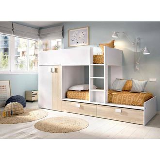 Dmora Kinderbett Dannon, Komplettes Schlafzimmer mit Kleiderschrank und Schubladen, Etagenbettkomposition mit zwei Einzelbetten, 275x108h150 cm, Weiß und